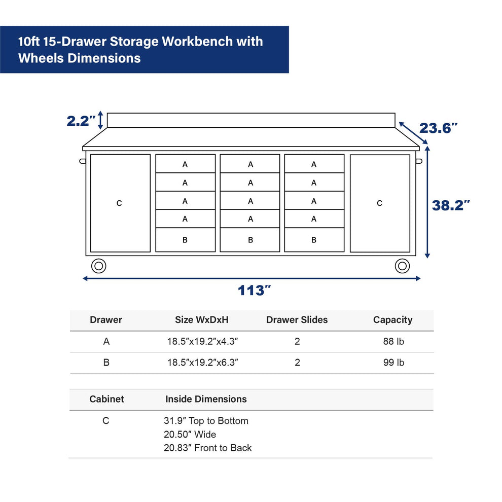 10ft 15-Drawer Storage Workbench with Wheels – Chery Industrial