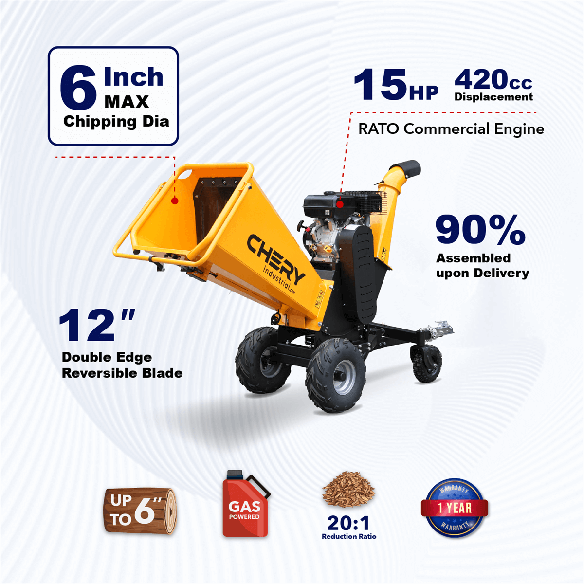 6" 15 HP 420cc Gas Powered Wood Chipper – Chery Industrial